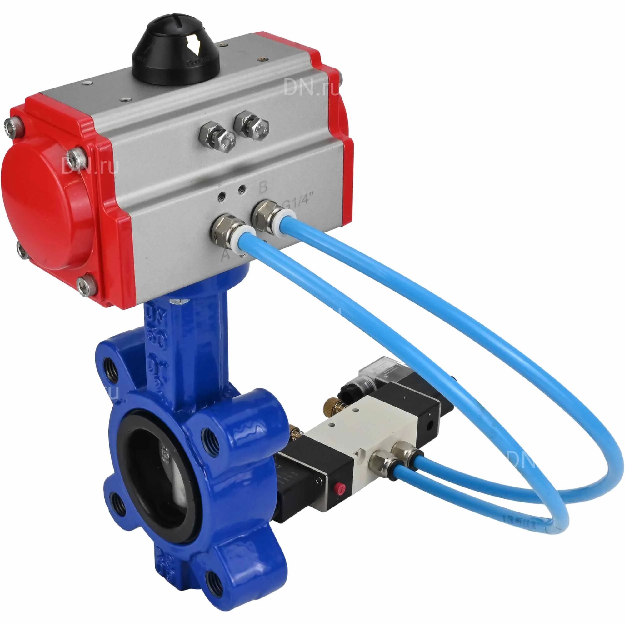 Затвор дисковый поворотный DN. ru QT450-304-NBR-2W-Fb-H Ду100 Ру16 корпус - чугун QT450, диск - нержавеющая сталь 304, уплотнение - NBR, межфланцевый, с пневмоприводом DA-083 и пневмораспределителем PND1-S2EM-52-2-T08-220VAC