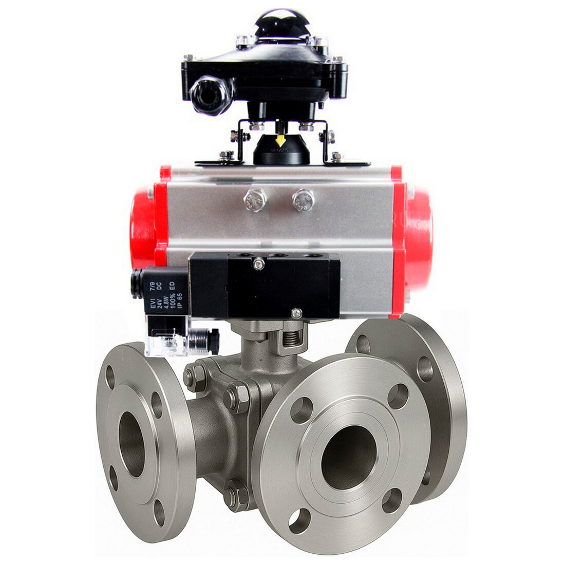 Кран шаровой DN.ru 316-316-PTFE-FP-3L-F-ISO-H Ду50 Ру16 HYMT, трехходовой L-тип, полнопроходной, фланцевый, корпус - нержавеющая сталь SS316, с пневмоприводом DA-065, пневмораспределителем PND1-S2EM-52-2-T10-220VAC и БКВ LSB-210-02NM12-220/24 (опрессовано)