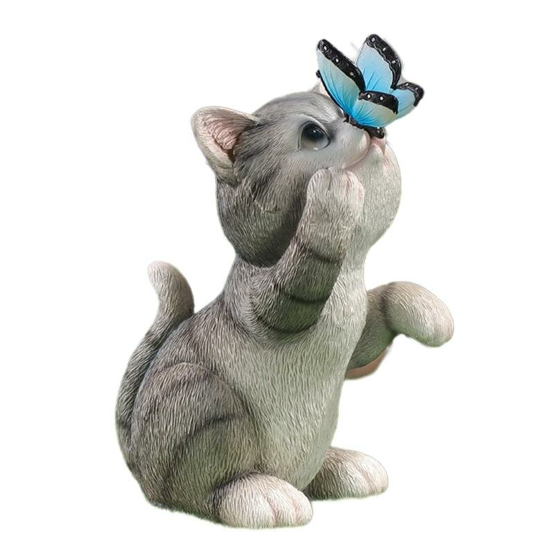 Солнечная скульптура кота для сада, маленькая серая кошечка