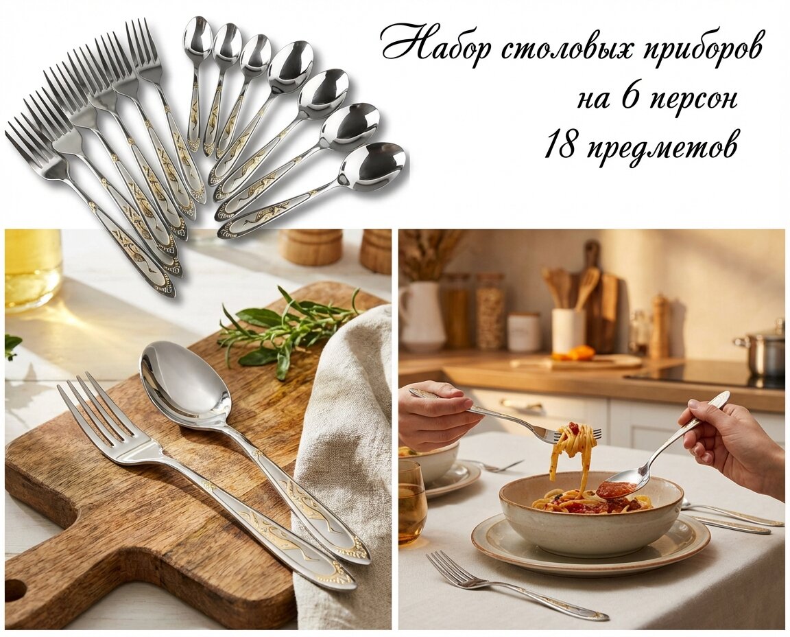 Набор столовых приборов 6 персон "Журавли" Нержавеющая сталь, лазерная гравировка 18 приборов