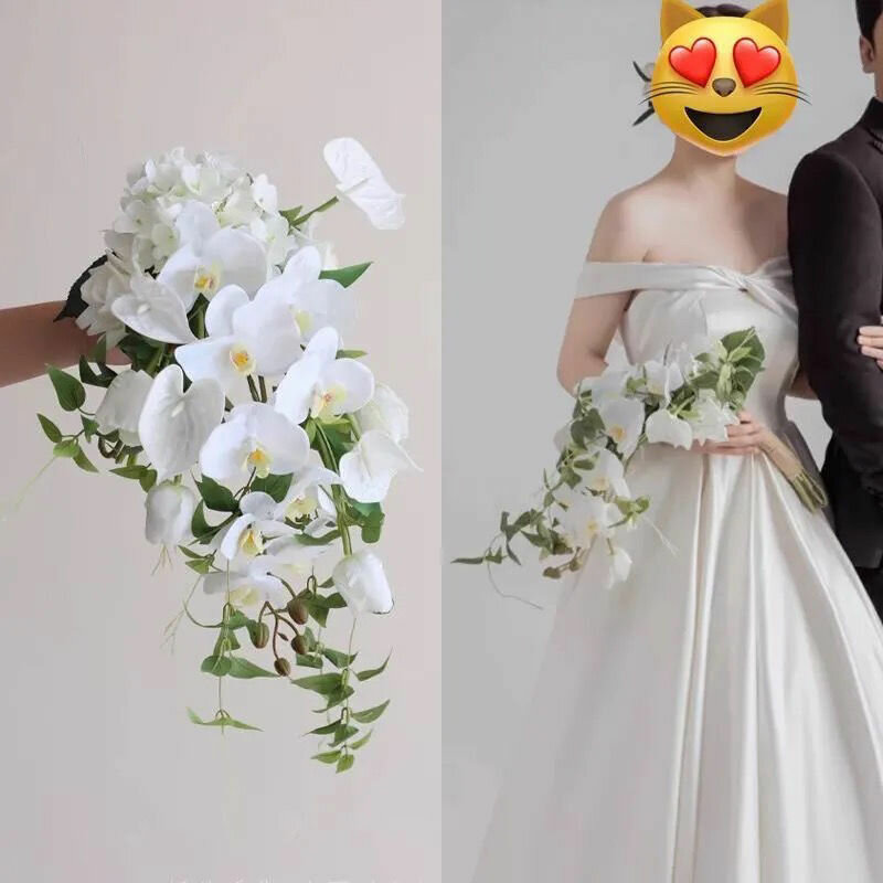 Свадебное платье в стиле фотосимуляции, эстетика фотографии, капли воды, водопад, невеста, ручные цветочные реквизиты, съемка в саду, свадебное путешествие