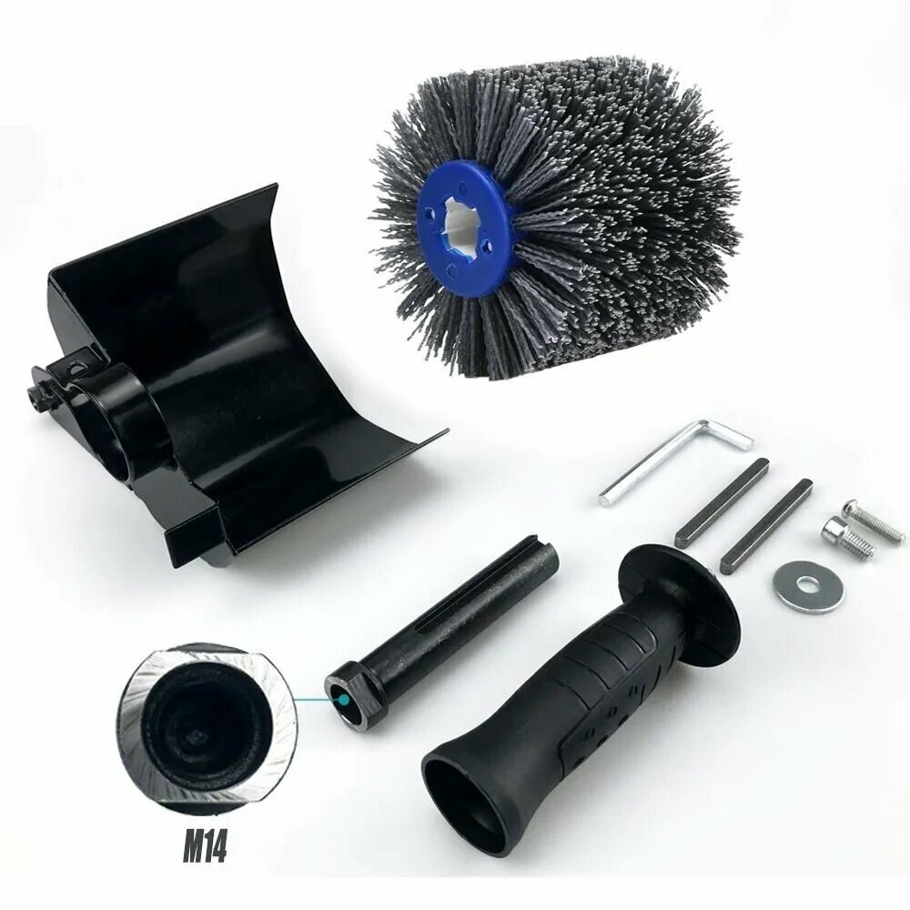 Защитный кожух, ролик, адаптер-вал М14, валик ( щетка ) нейлоновый для браширования Р80 * 1, ручка М14 Набор. Насадки для УШМ, болгарки для полирования, шлифования, браширования