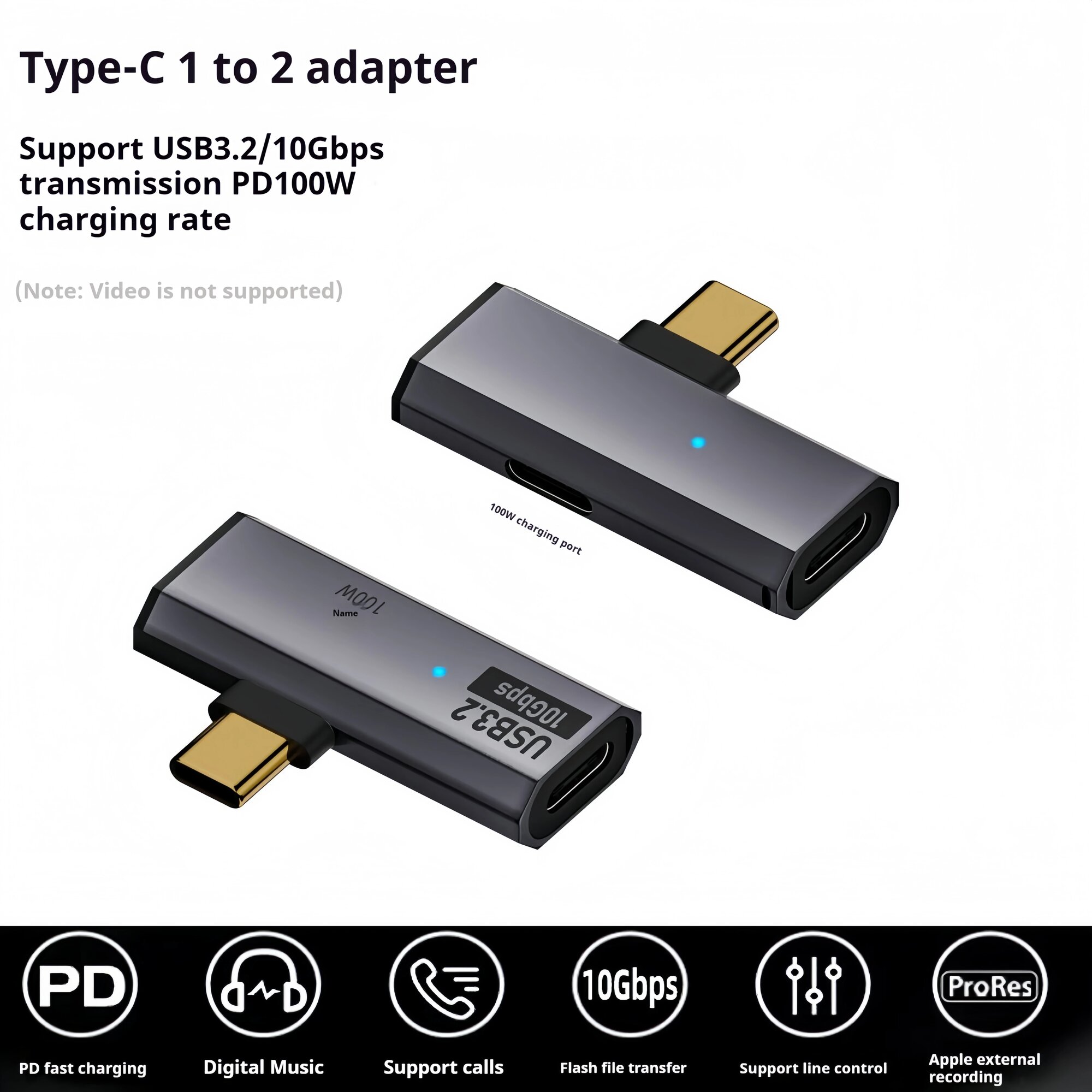 Адаптер USB-C OTG — зарядка PD Type-C, 100 Вт, двойной разветвитель USB-C для iPhone 15 Pro Max, MacBook, Samsung Galaxy S22/S23 Grey