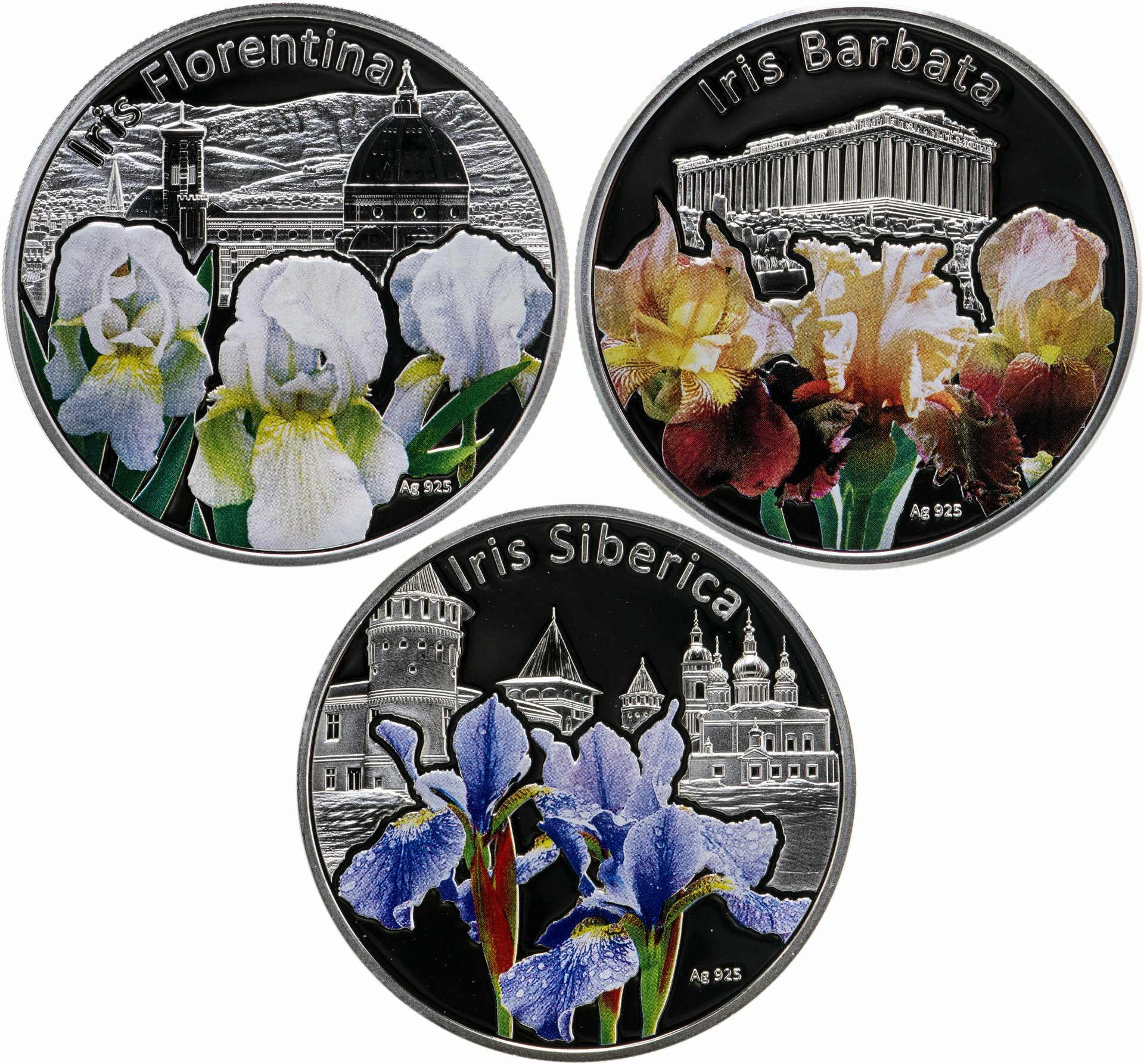 Ниуэ, набор из 3-х монет 1 доллар 2012 Proof "Цветы - Ирисы" в футляре с сертификатом, Серебро 925