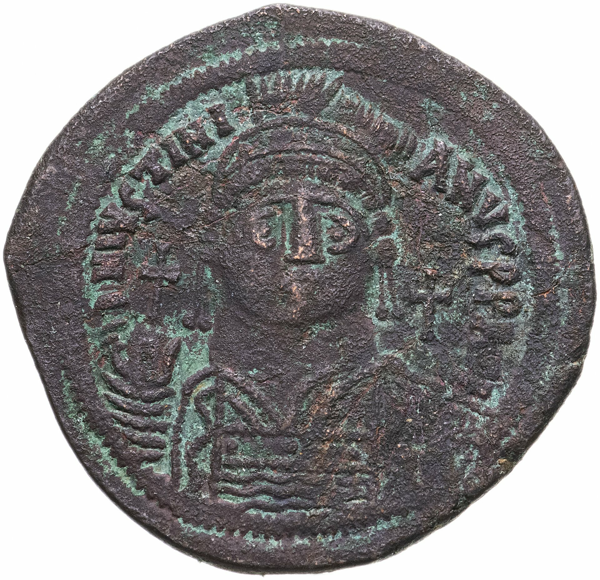 Византийская империя, Юстиниан I, 527-565 годы, 40 нуммиев фоллис Византиский Сестерций Большая монета, Диаметр:39 mm, Медь, в сохранности VF