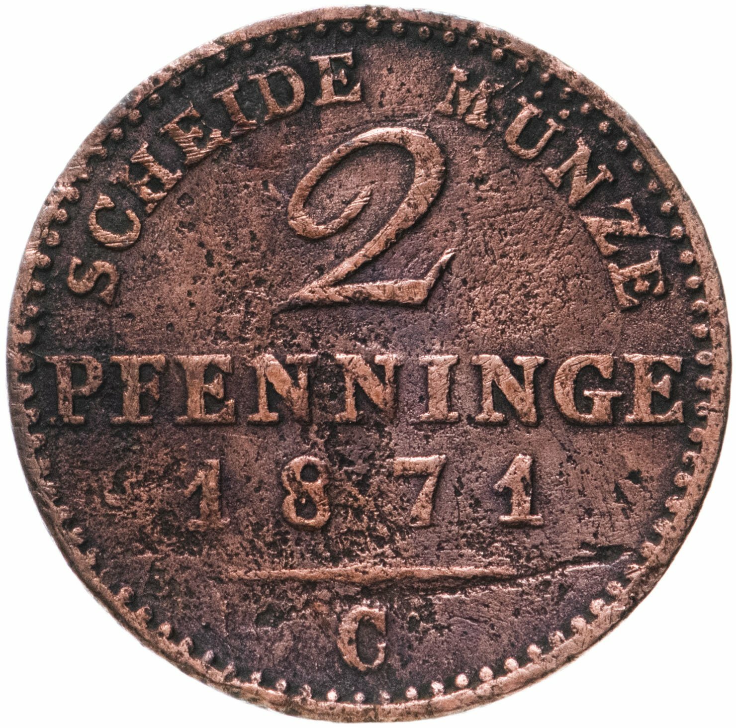 Германия, Пруссия 2 пфеннига 1871, Медь, в сохранности F