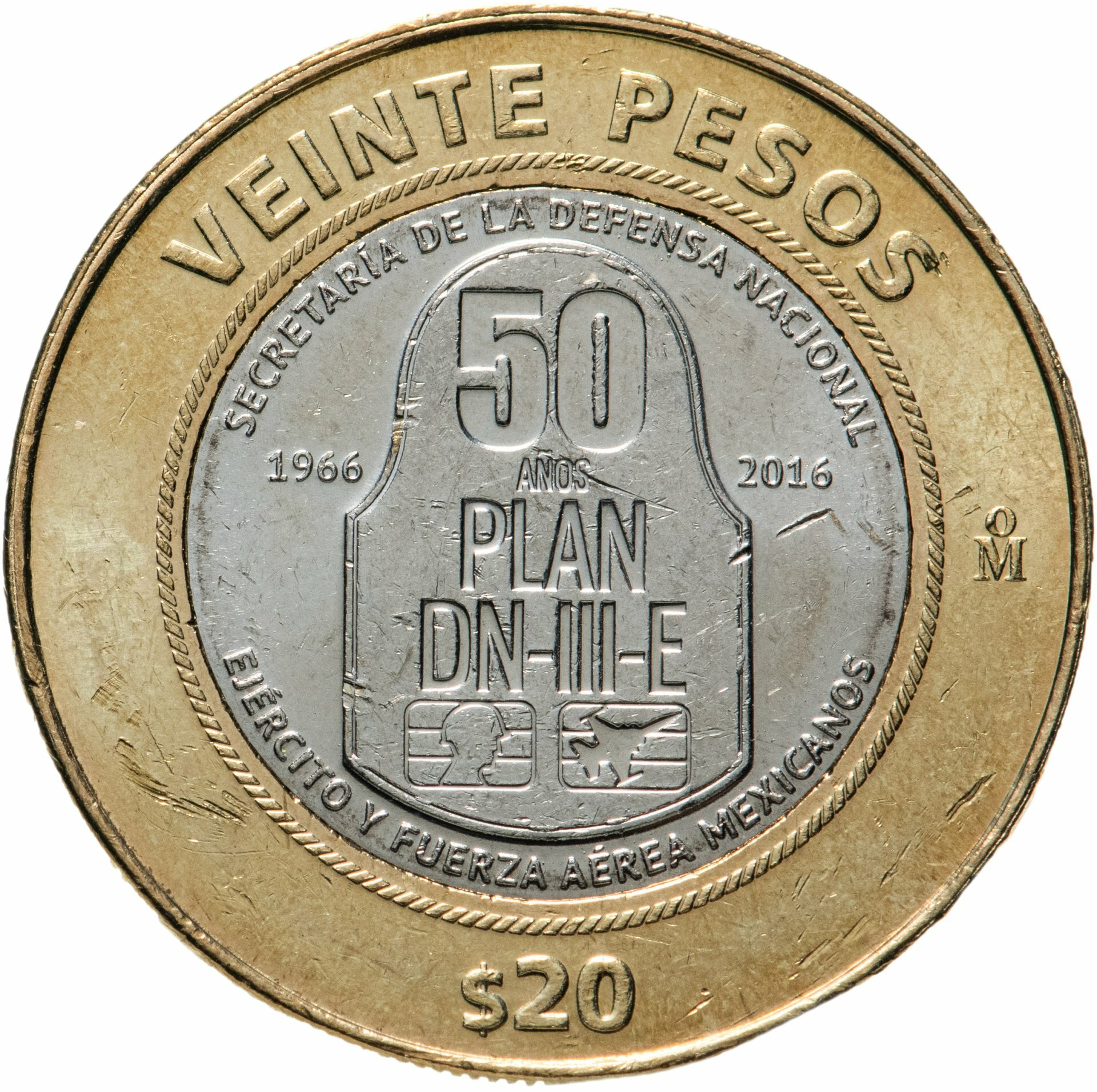 Мексика 20 песо pesos 2016 "50 лет Плану DN-III-E", Биметалл, в сохранности UNC