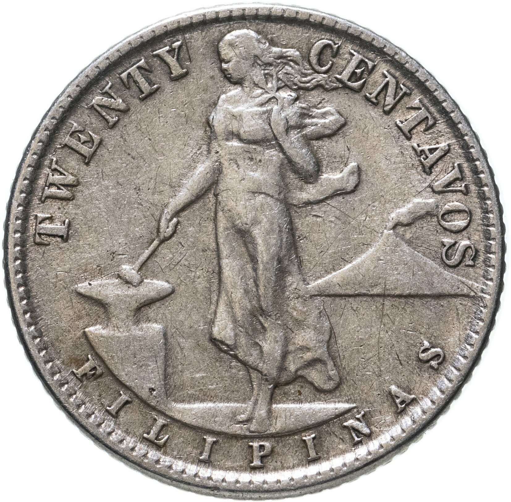Филиппины 20 сентаво centavos 1945, Серебро 750, в сохранности XF