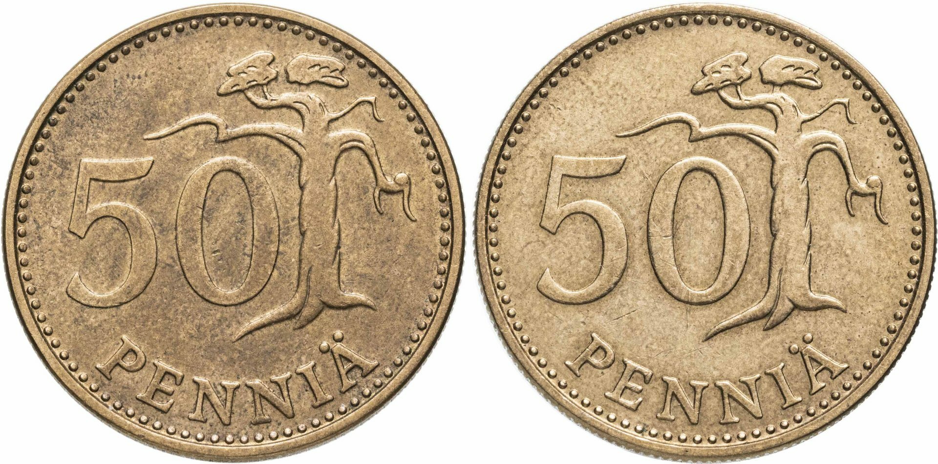 Финляндия набор из 2 монет 50 пенни 1977-1979, Алюминиевая бронза, в сохранности XF