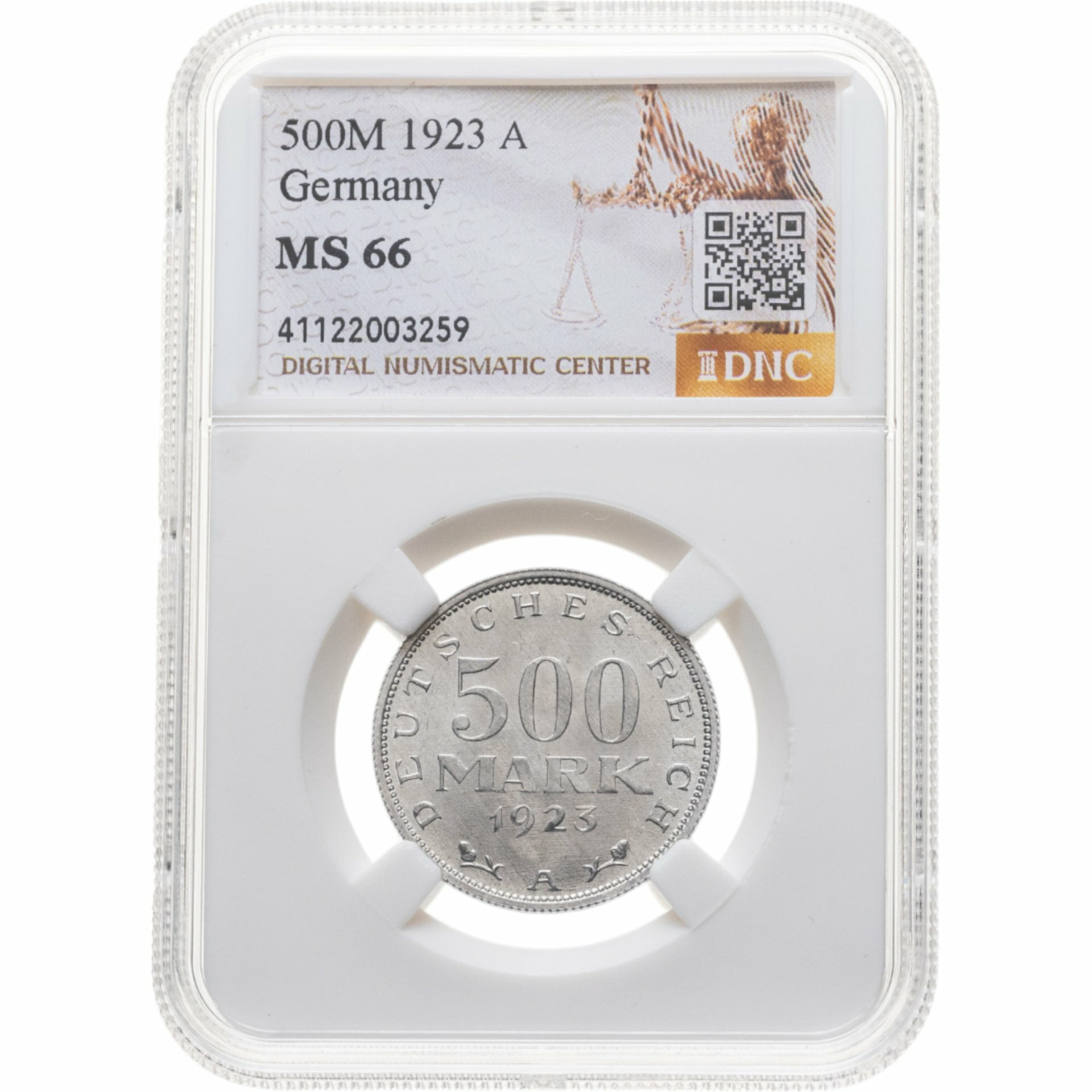 Германия 500 марок mark 1923, знак монетного двора "A" — Берлин в слабе DNC MS66, Алюминий