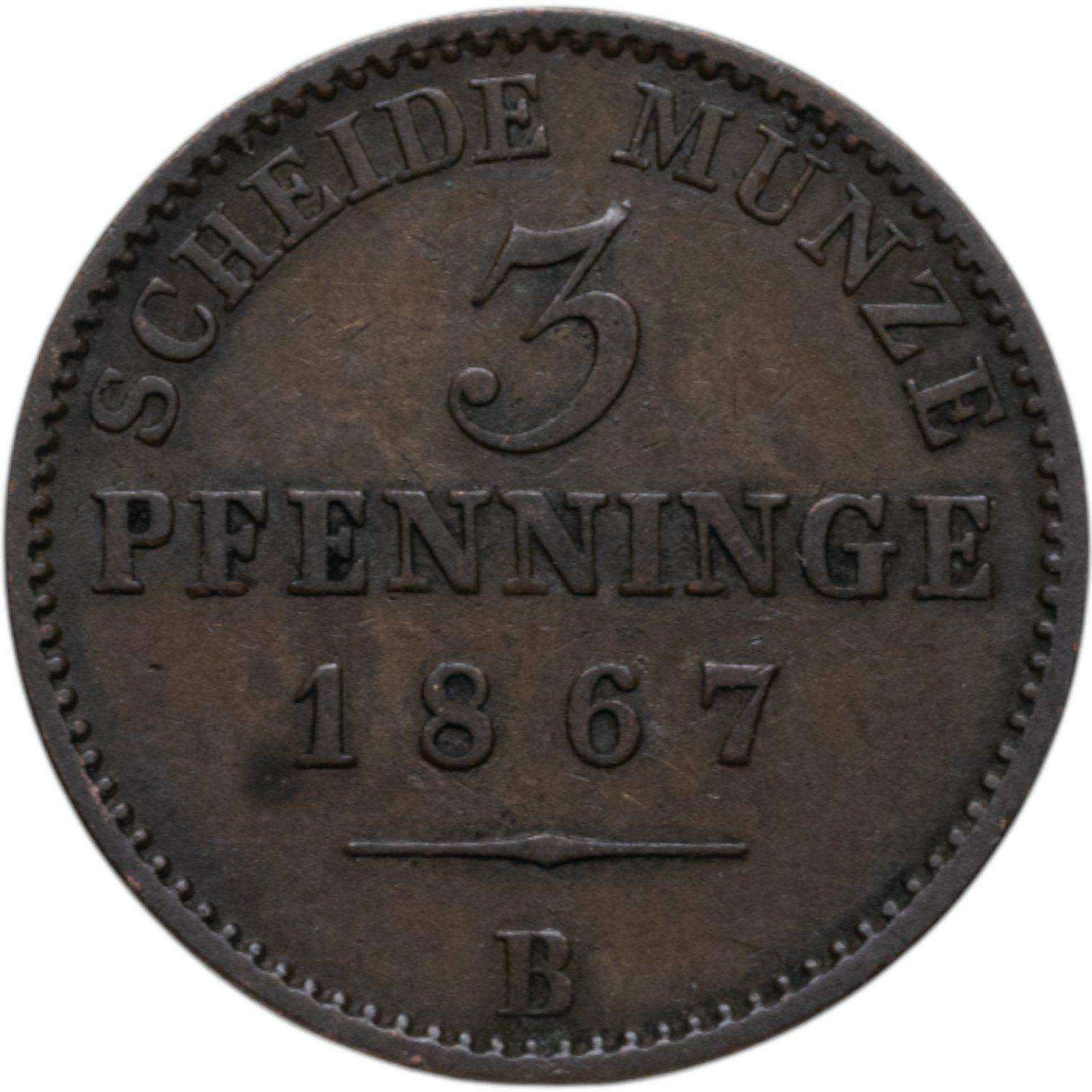 Пруссия 3 пфеннига 1867 B, Медь, в сохранности XF