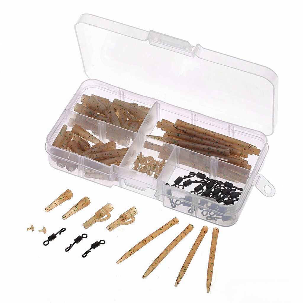 100 штук Терминал для ловли карася Terminal Carp Fishing Tackle Safety Lead Clips с Пинами Хвостовыми Резиновыми Трубками Anti Tangle Sleeves Quick Change, Материал: Резинка + Сталь, Цвет: Зеленый / Камуфляж (по выбору), Длина Lead Clip: 25мм / 1дюйм,