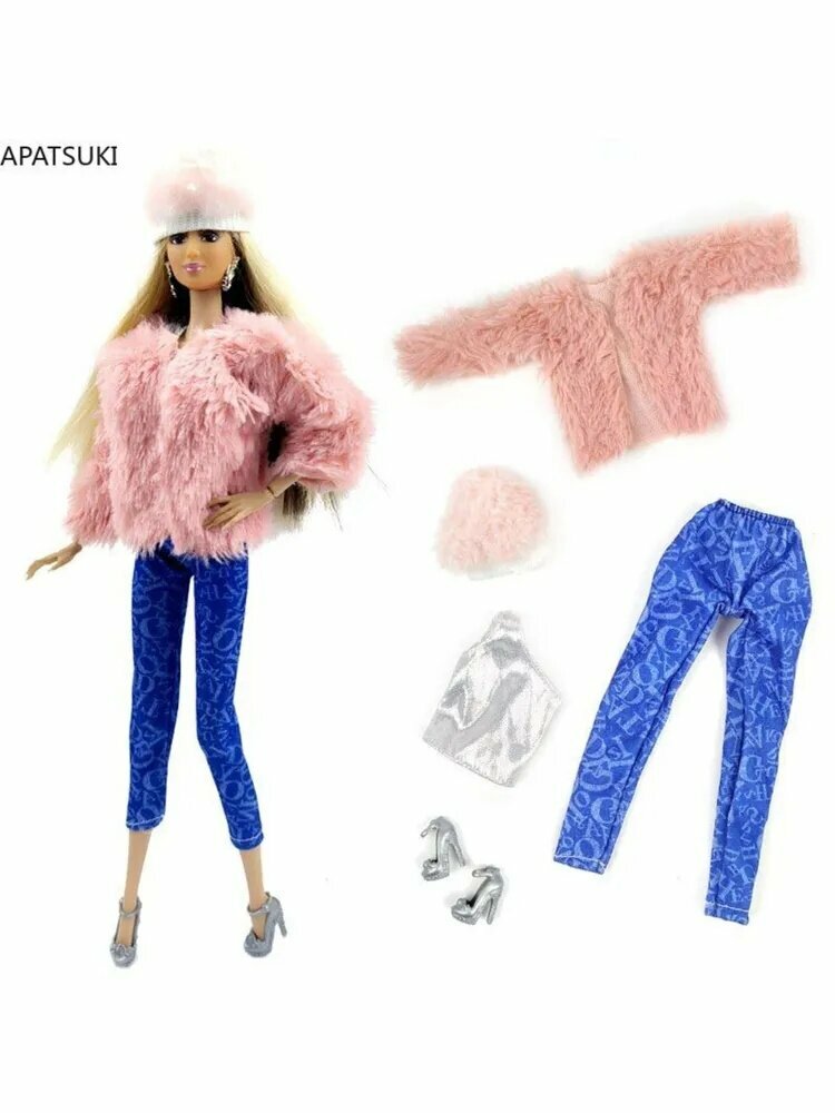 Мода меховое пальто топ брюки / Комплект одежды для куклы Барби