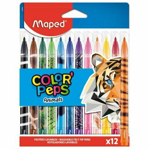 Фломастеры MAPED (Франция) "Animals" 12 цветов, смываемые, вентилируемый колпачок, 845403