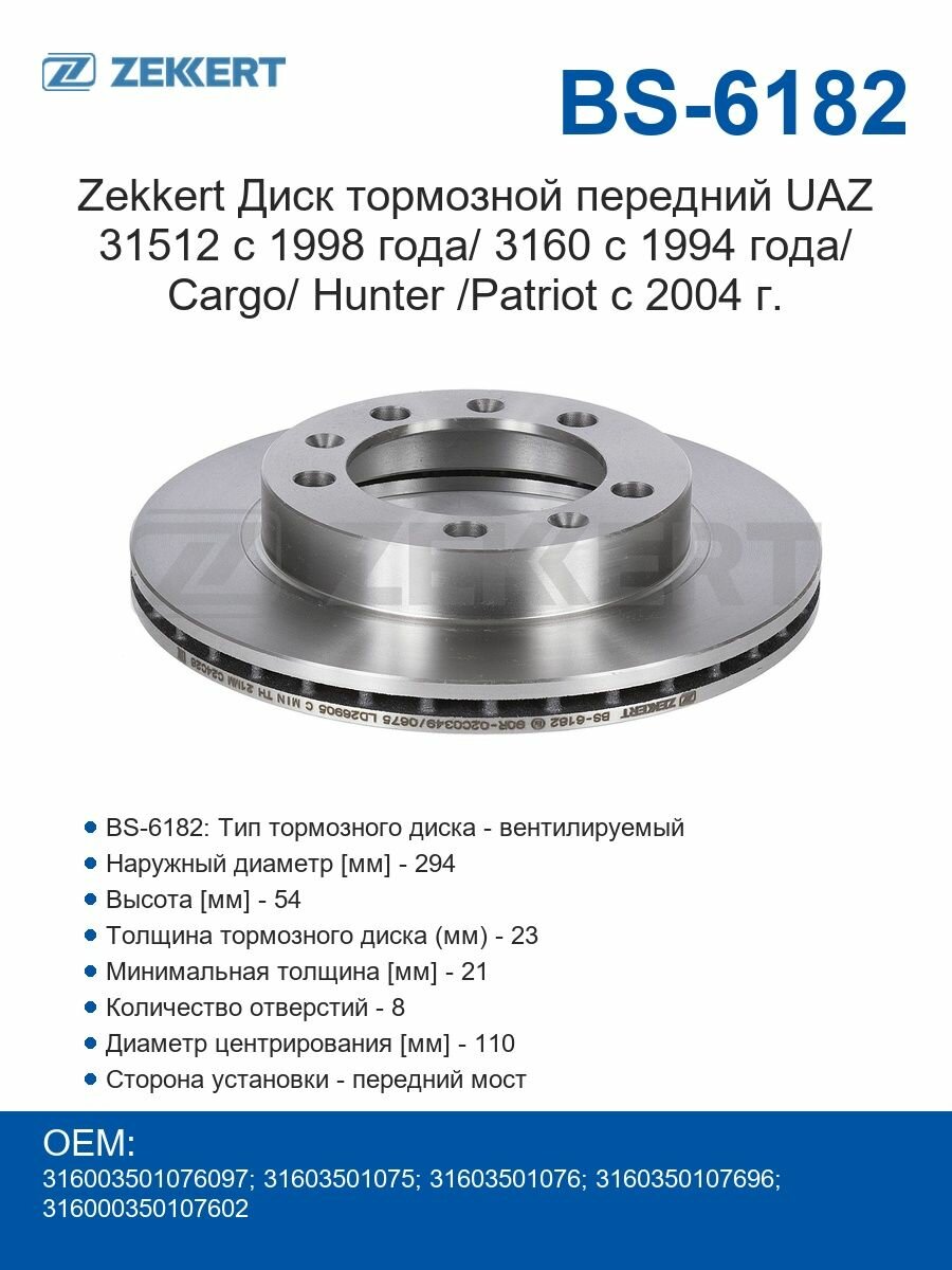 Zekkert Диск тормозной передний UAZ 31512 с 1998 года/ 3160 с 1994 года/ Cargo/ Hunter /Patriot с 2004 г.