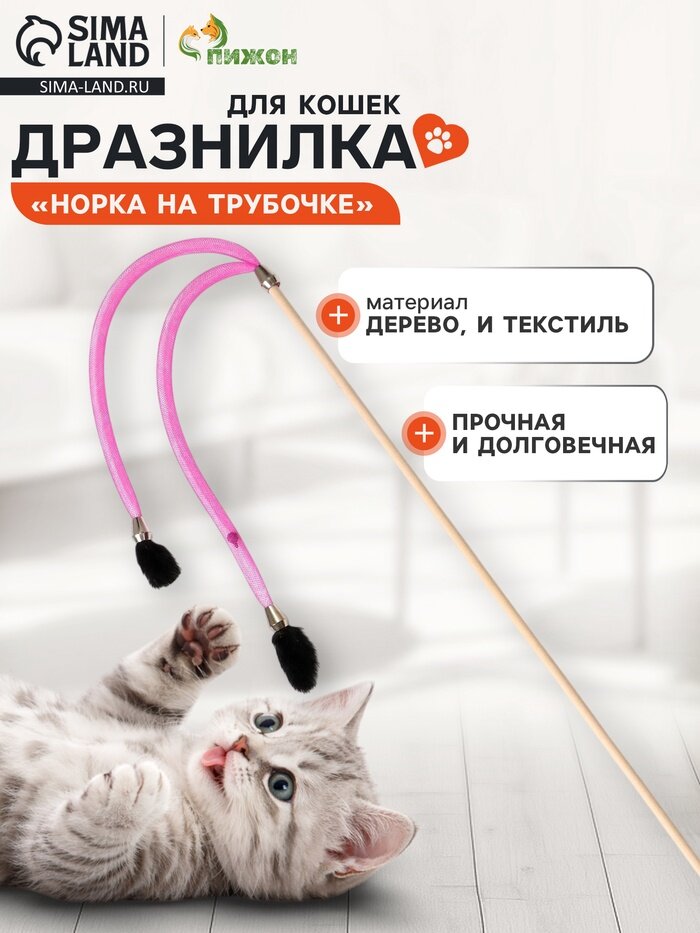 Дразнилка-удочка Норка на трубочке, на деревянной палочке, цвет микс, 2 шт.