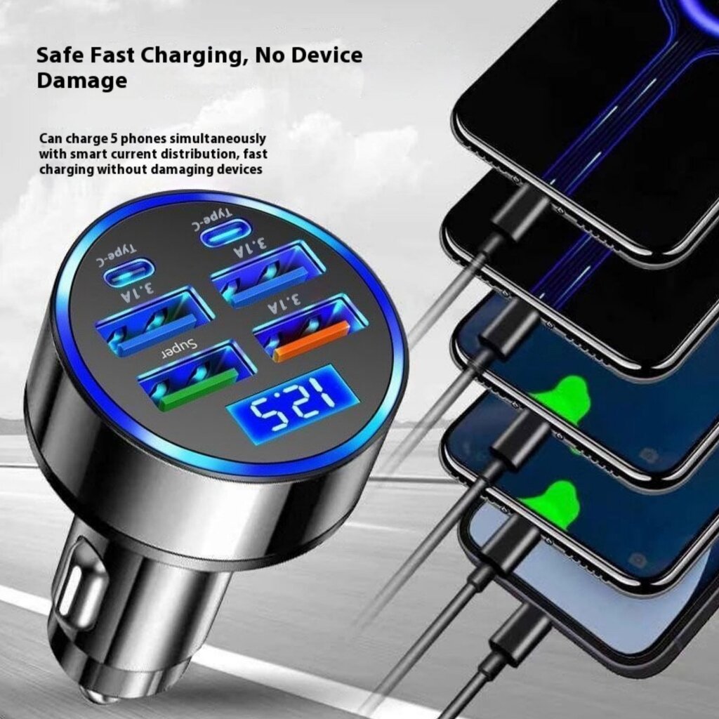 Автомобильное зарядное устройство с 2 портами USB C и 4 портами USB мощностью 50 Вт с функцией быстрой зарядки для планшетов