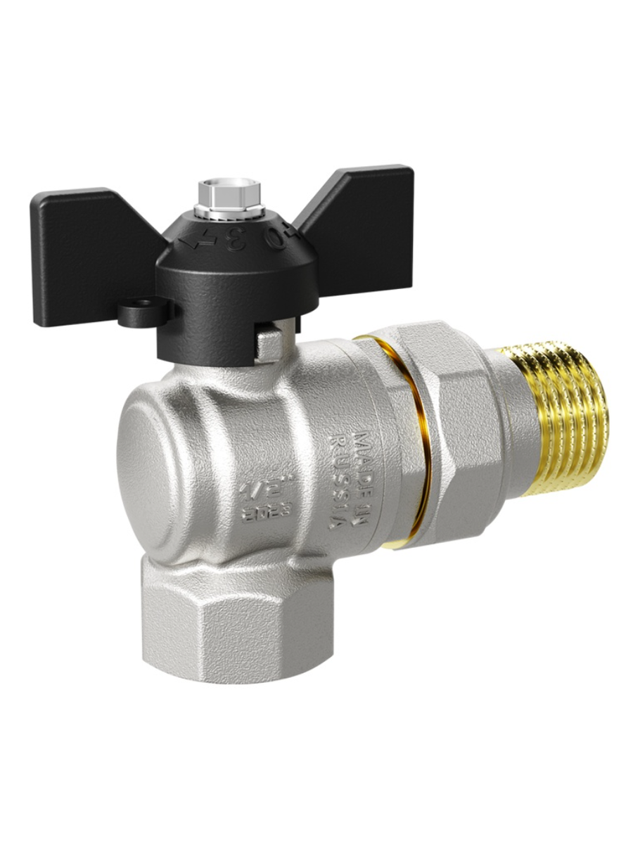 Кран шаровый PN40, 1/2" В-Н, угловой, со сгоном, бабочка