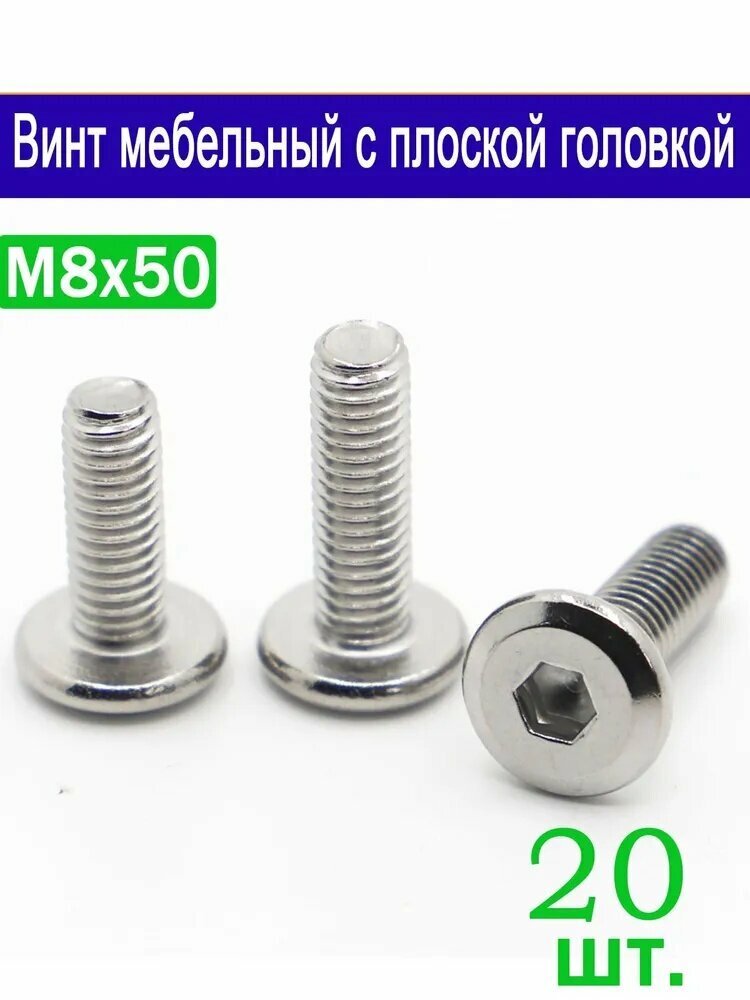 Винт M8 x 8 x 50 мм, головка: Плоская, 20 шт.