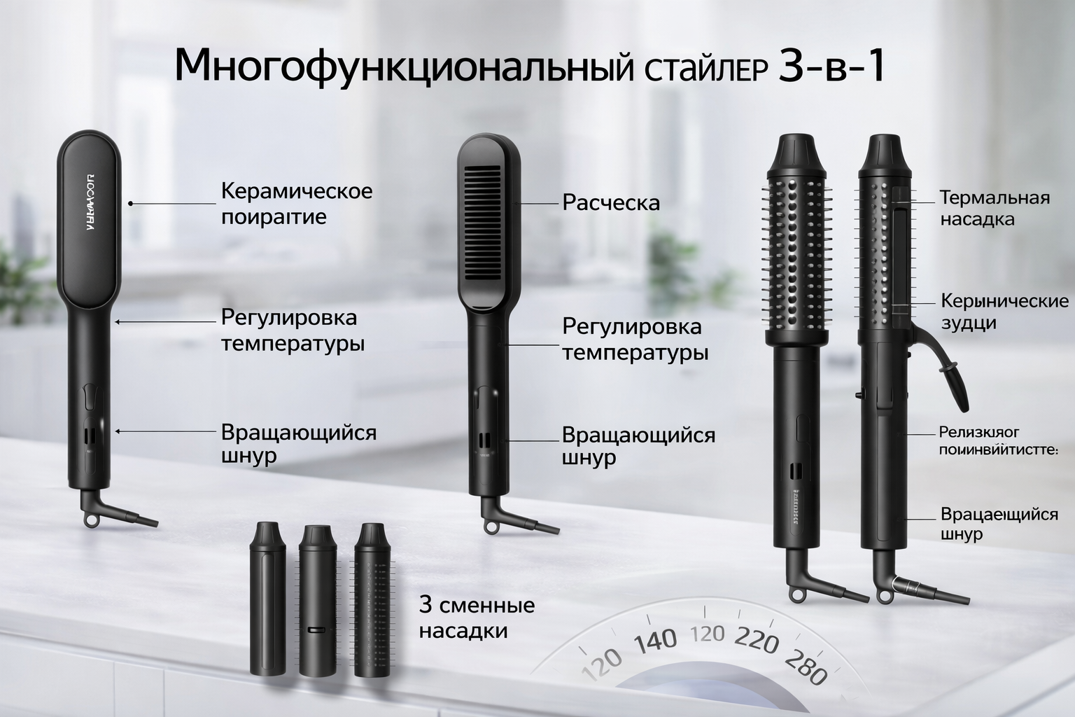 Многофункциональный стайлер 3 в 1 для выпрямления, завивки и объёма волос
