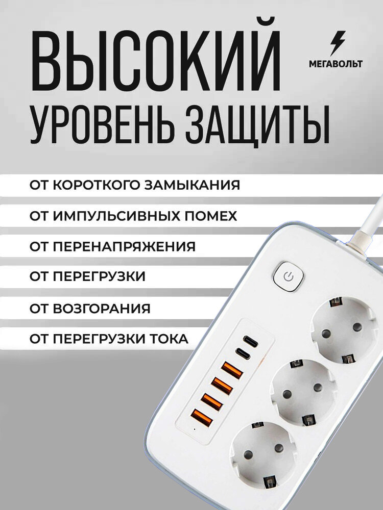 Удлинитель сетевой фильтр 3м, Сетевой фильтр, бытовой удлинитель с Type-C и USB, сетевой фильтр с предохранителем — фото 1
