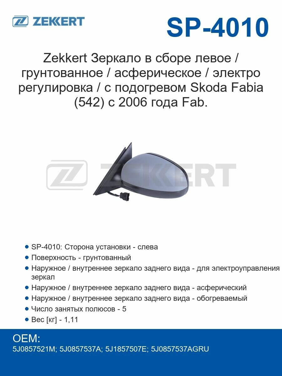 Zekkert Зеркало в сборе левое / грунтованное / асферическое / эл регул / с подогр Skoda Fabia (542) с 2006 года Fab.