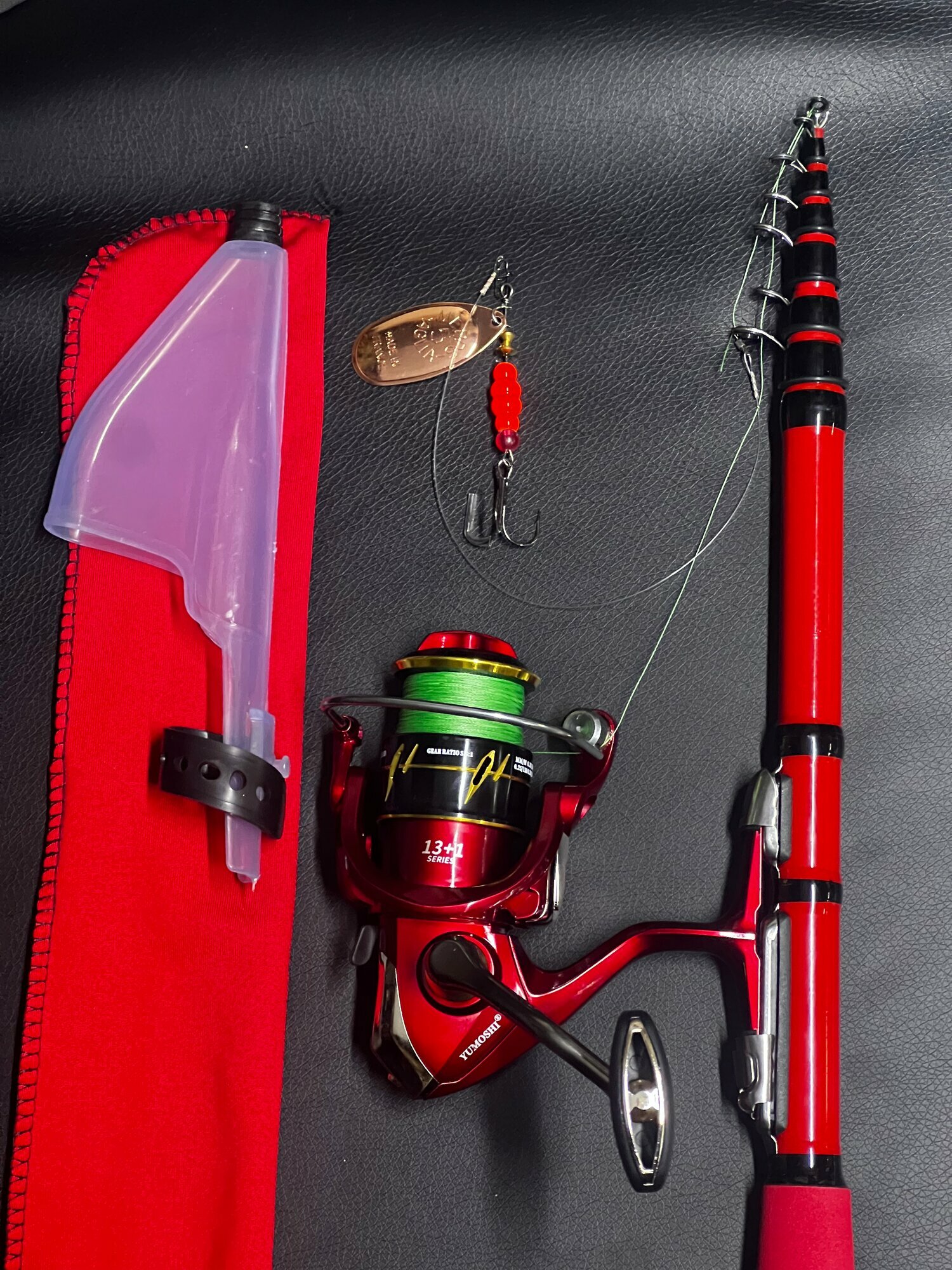 Телескопический спиннинг Шамаон красный в сборе с катушкой йомаши 2.1м с чехле