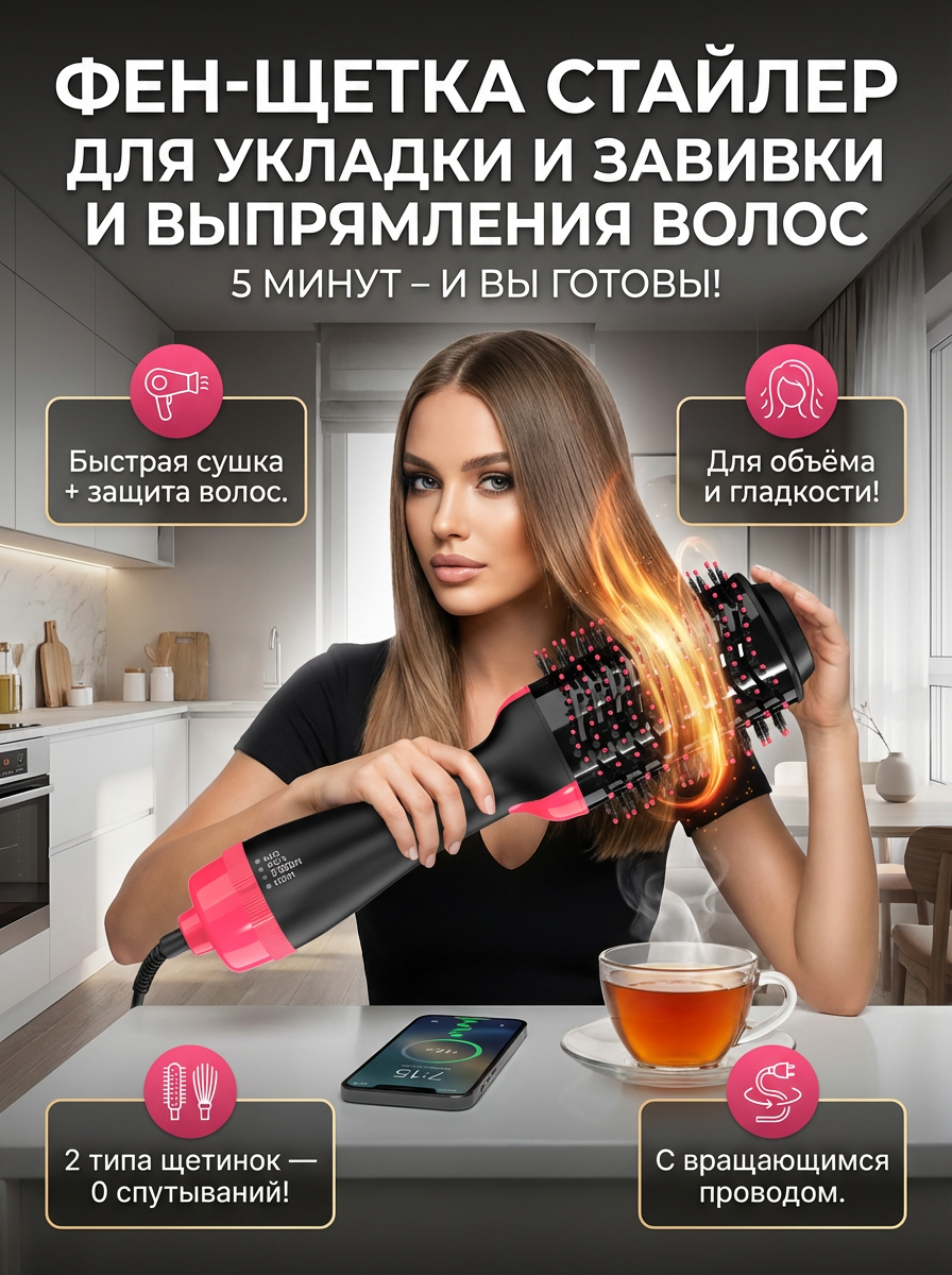 Фен-щетка для волос 3 в 1, Термощетка, Выпрямитель для волос, Стайлер, Расческа