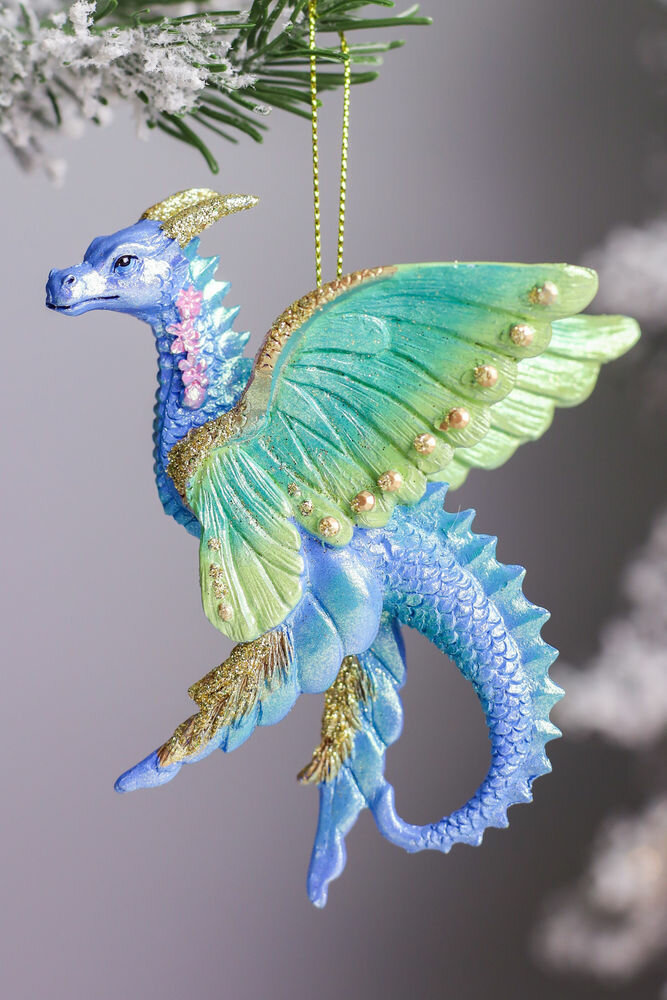 Ёлочная игрушка златорогий дракон, полистоун, лазурный, 12 см, Kurts Adler E1126-1