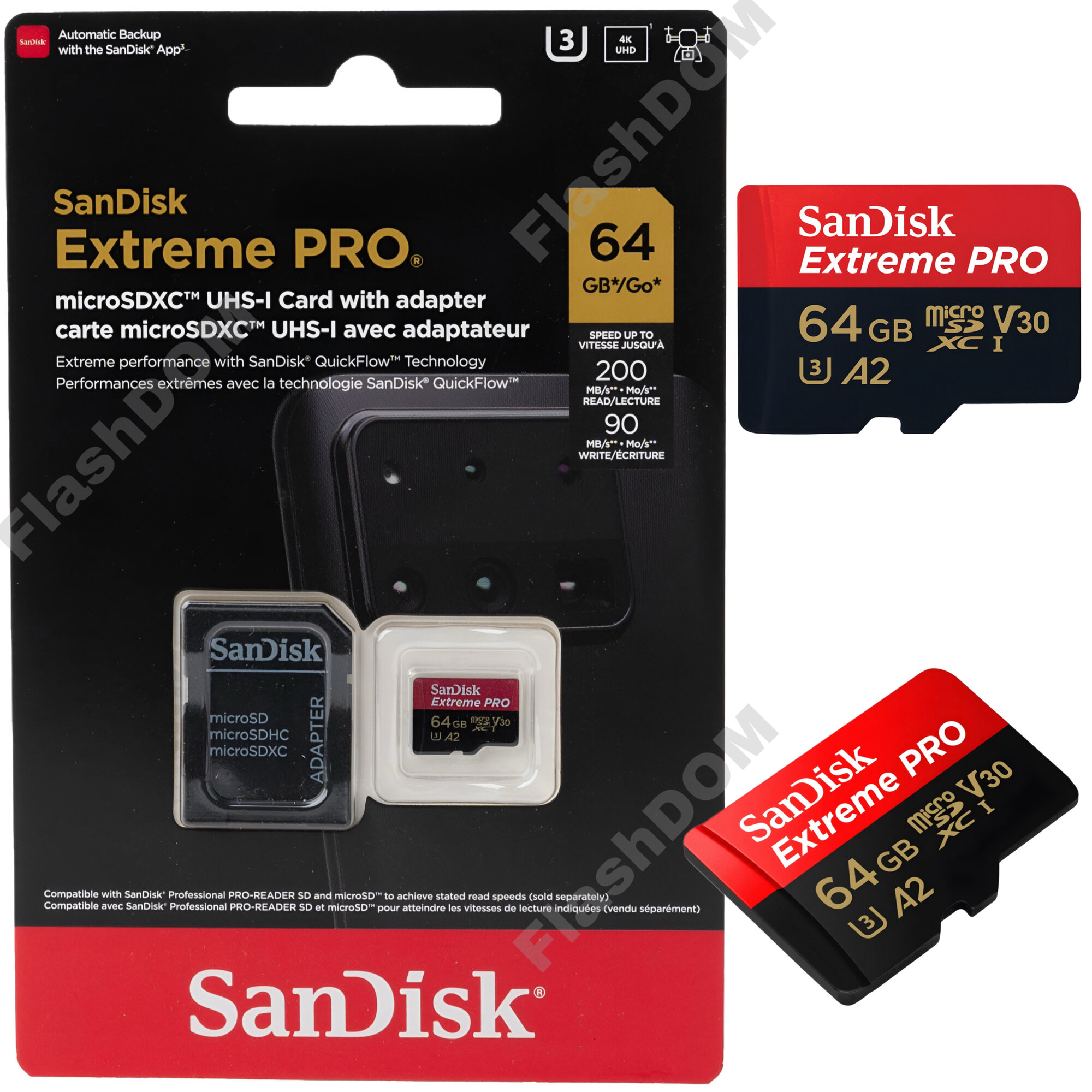 Карта памяти SanDisk Extreme PRO microSDXC 64 ГБ Class 10 UHS-I U3, V30, A2 (R/W 200/90 Mb/s) + SD адаптер