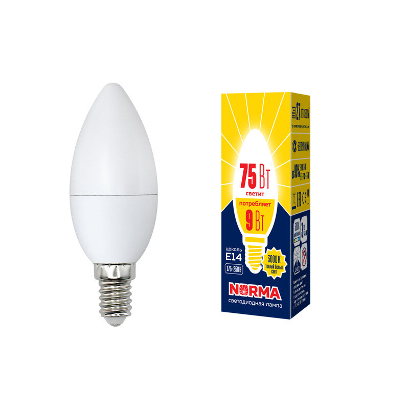 Лампа светодиодная Volpe LED-C37-9W/WW/E14/FR/NR, форма свеча, матовая, Серия Norma, теплый белый свет (3000K) (3804) в упаковке 3 шт