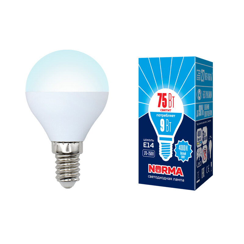 Лампа светодиодная Volpe LED-G45-9W/NW/E14/FR/NR, форма шар, матовая, Серия Norma, белый свет (400K) 3 шт (3825)