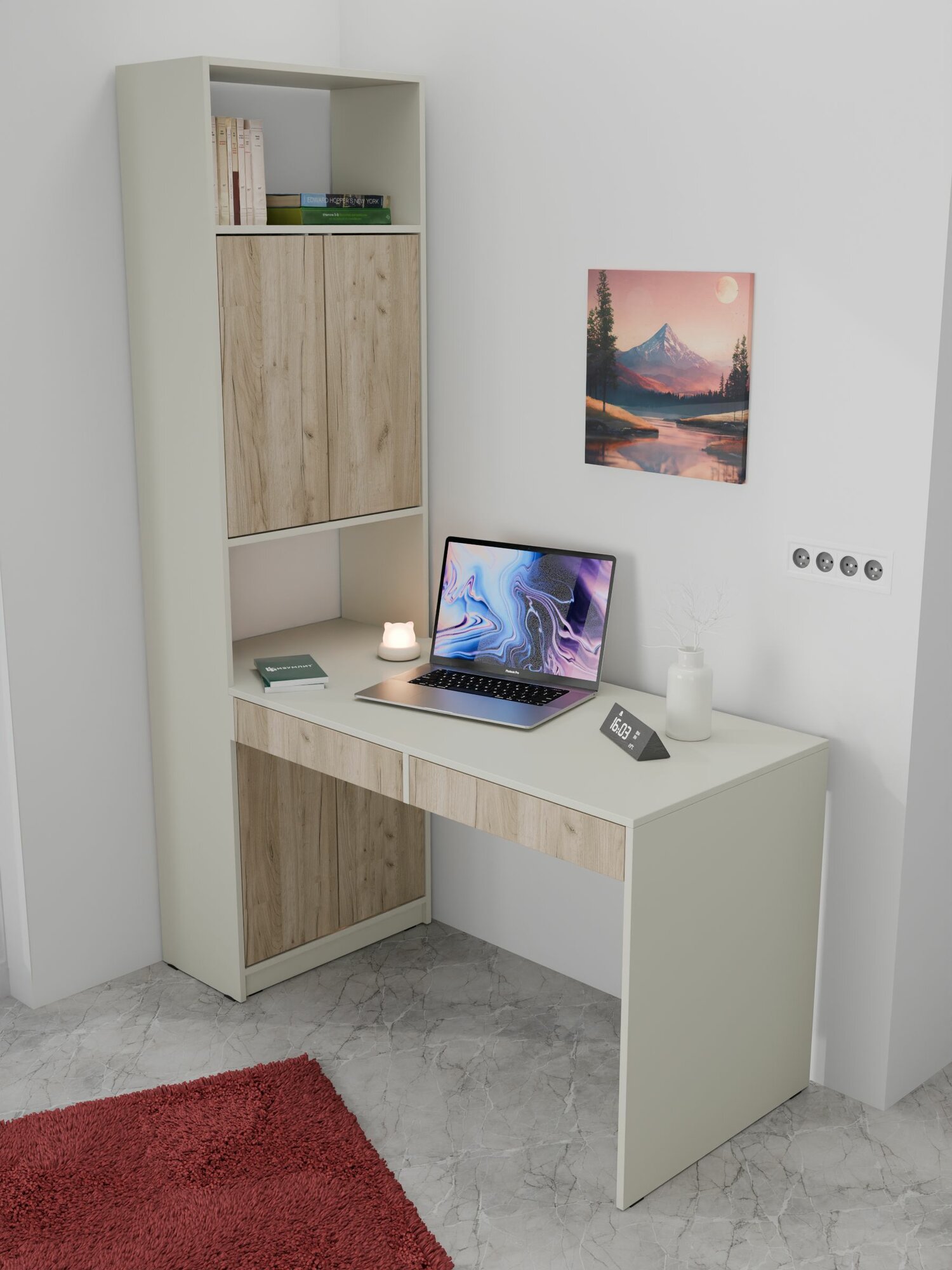 Изумлит Стол-стеллаж с дверьми письменный угловой, стеллаж слева 200х140х59.2 см, бежевый - дуб крафт серый