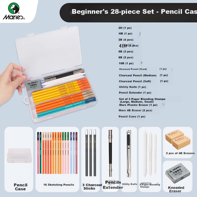 Mali Sketching Pencil Set, High-End Professional Pencils, Charcoal Pencils, Sketching Pencil Case, Eraser, Complete Set for Art Exam And Sketching, [28-Piece Pencil Case] Art Sketching
