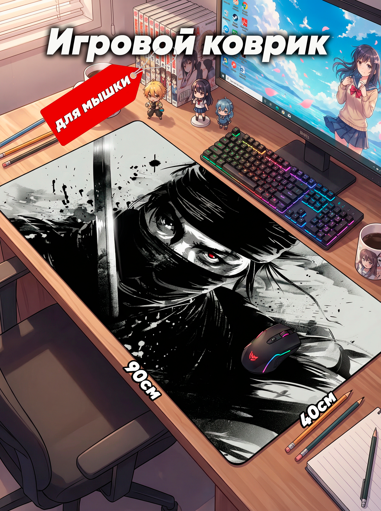 Игровой коврик kovrik-komp "Змеиный взгляд", синтетическая ткань, каучуковое основание, 90x40 см