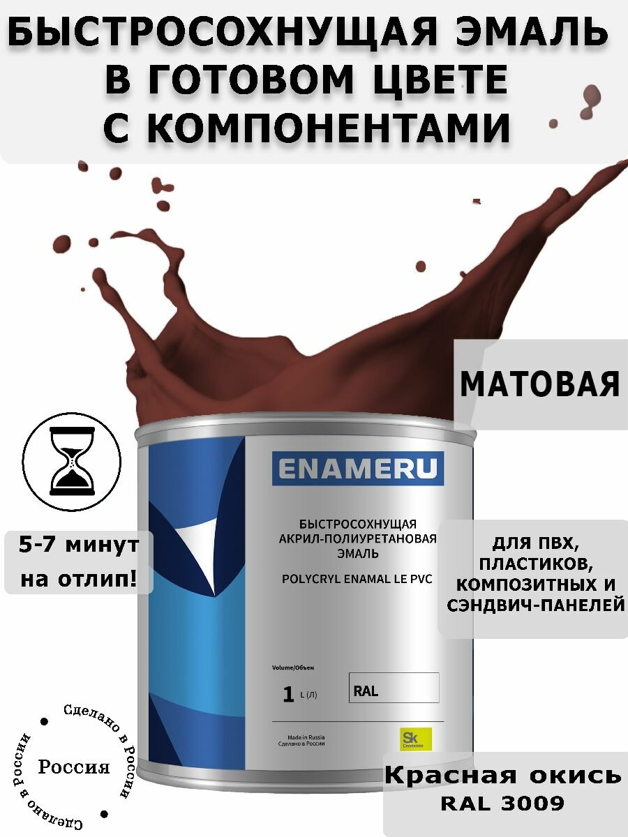 Светостойкая эмаль для ПВХ и Пластика Энамеру, Акрил-полиуретановая, Матовая, Красная окись RAL 3009, 1л готовой смеси