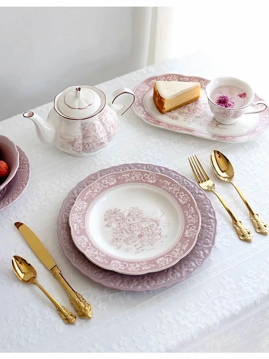 Набор тарелок фарфоровых "Сицилия Роза" 2шт д280мм, д220мм цветной, с декором, волнистый край, цвет - пудровый