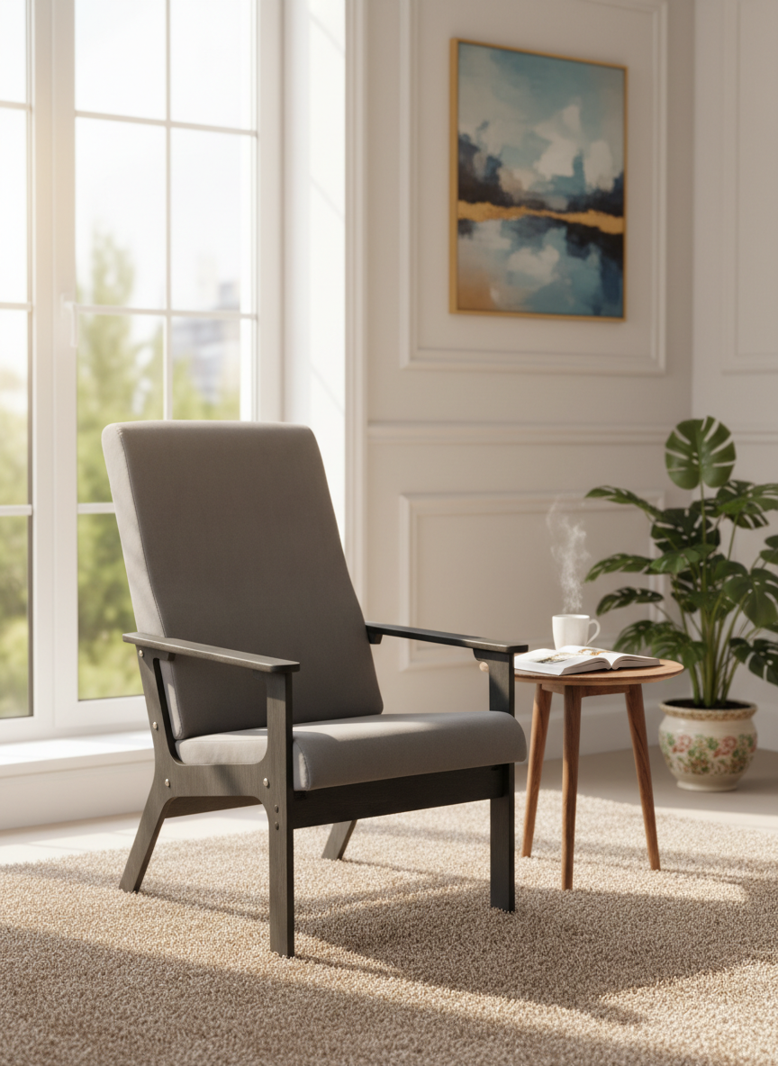 Кресло для отдыха "Ретро" от "Мягкой посадки" с высокой спинкой и подлокотниками, серый велюр + темные ножки