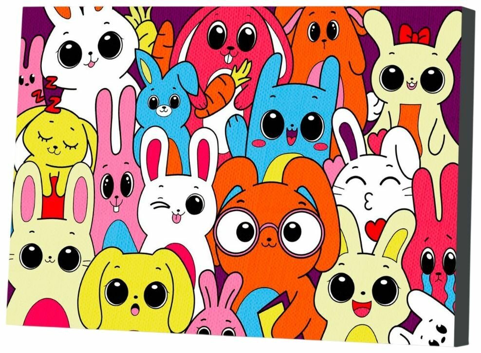 Картина по номерам "Забавные зайчата" на холсте с подрамником, раскраска для детей, набор для творчества, живописи и рисования, в комплекте морозостойкие краски 10 цветов, 20х30 см