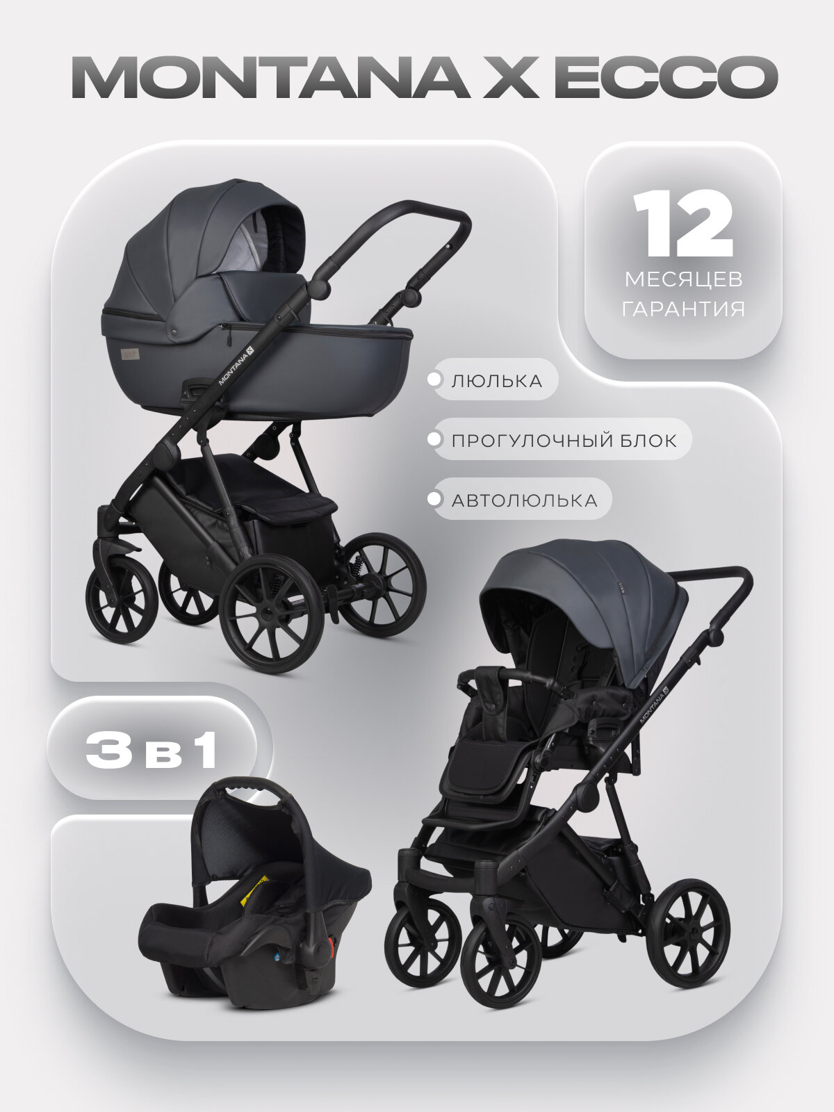 Коляска для новорожденных MONTANA X ECCO (3 в 1) (RIKO BASIC) 24 Graphite (графит)