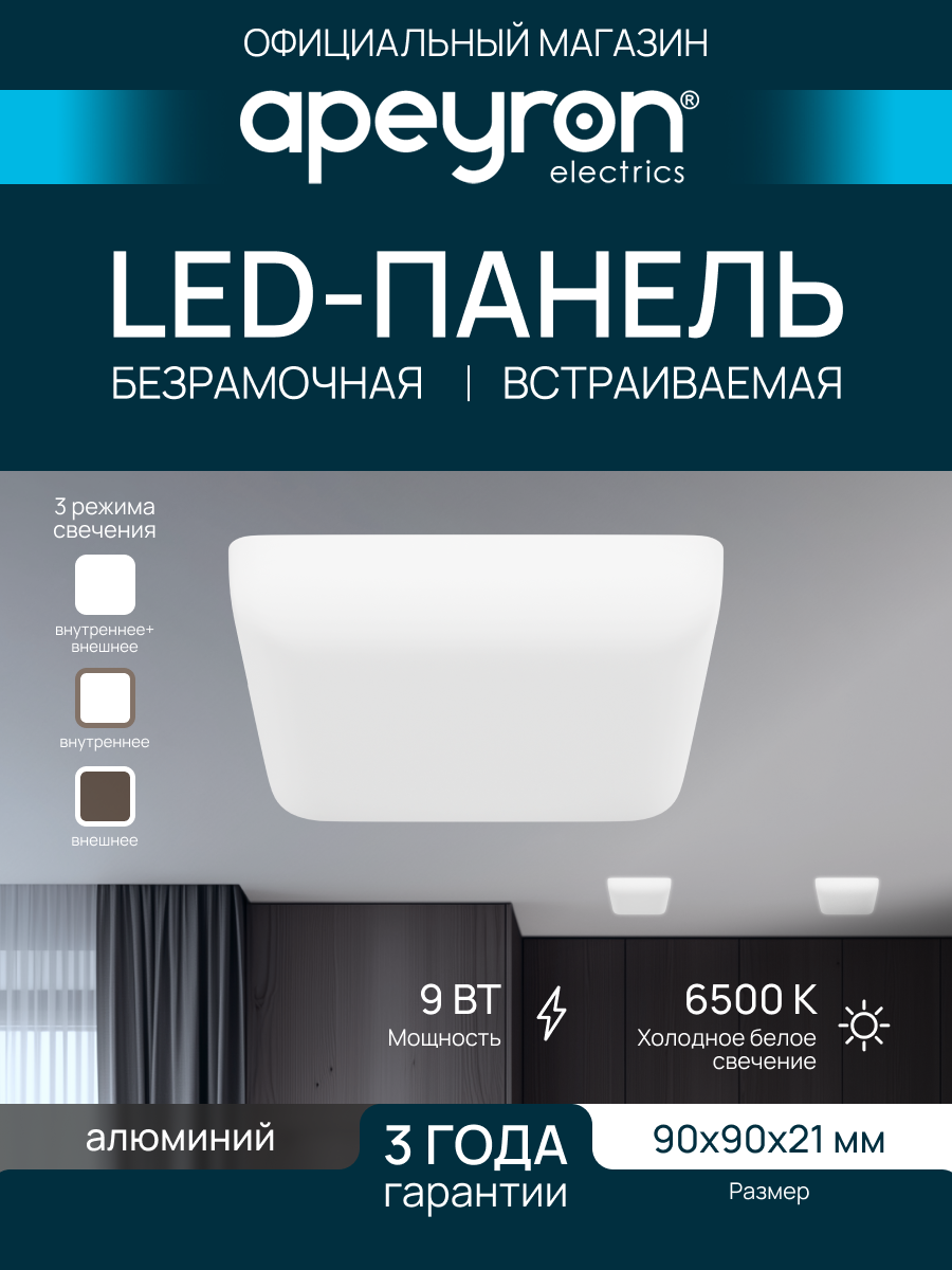Светодиодная встраиваемая безрамочная панель Apeyron FLP 9Вт, 6500К, квадрат 90х90мм, белый