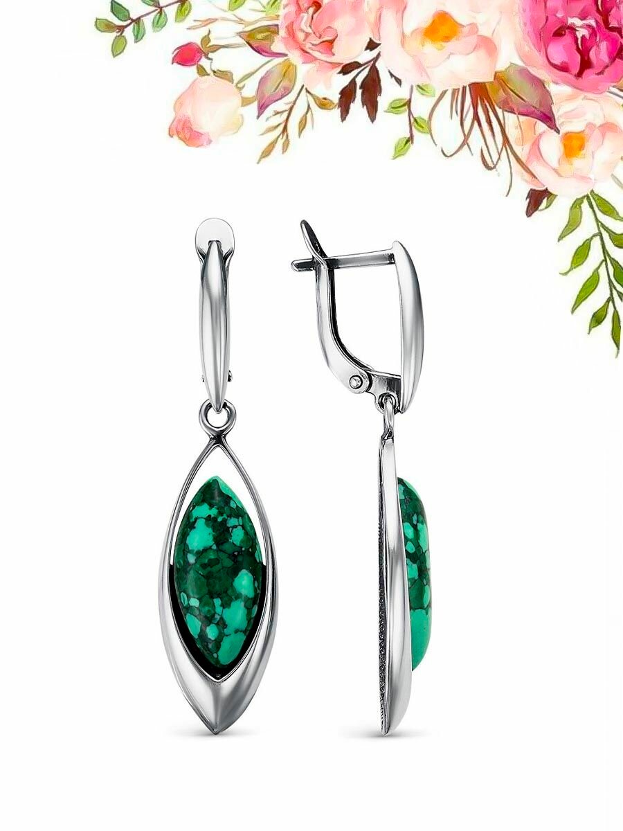 Серьги с подвесками, серебро, 925 проба, малахит синтетический