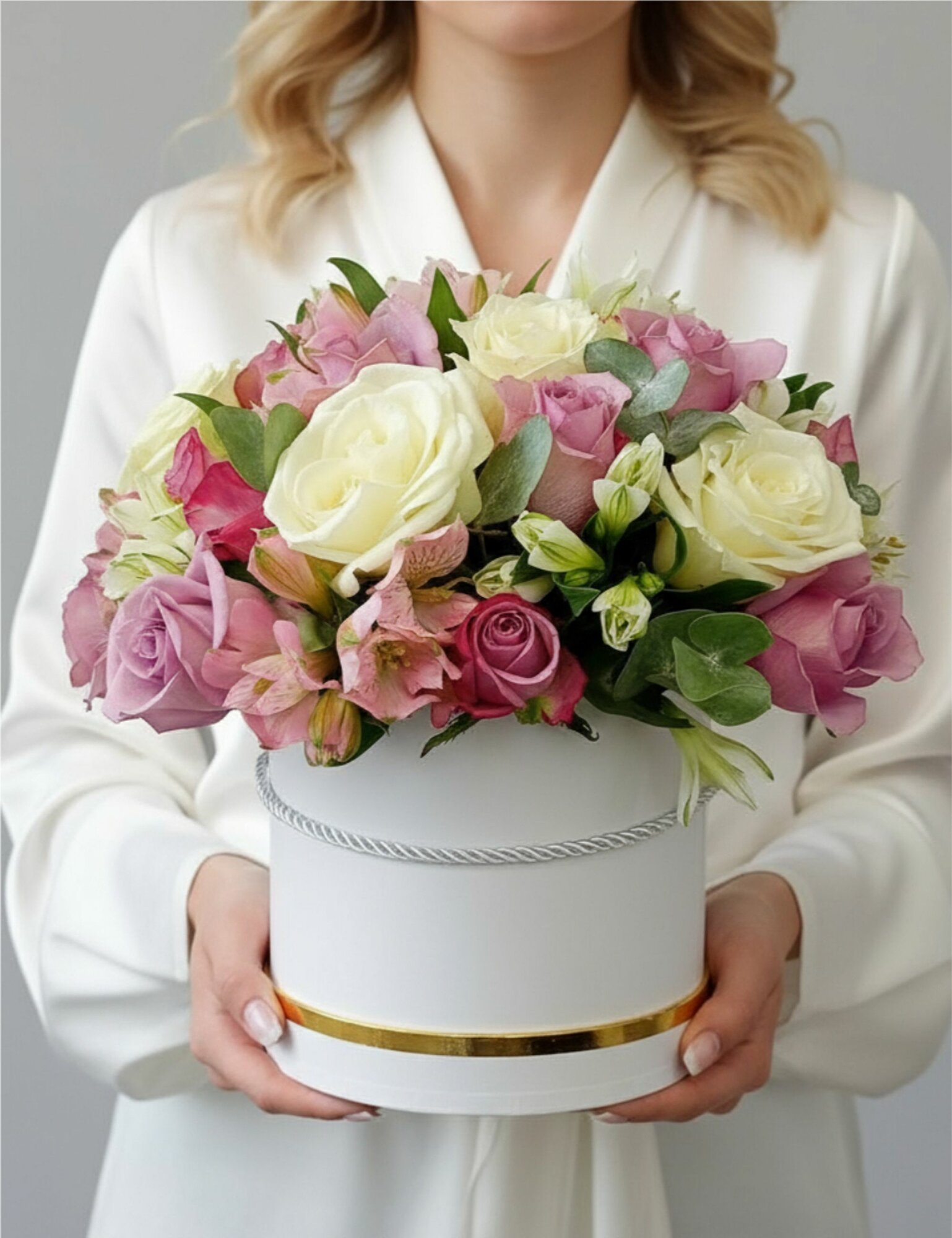 Коробка цветов Vornikov Bouquet "Венера", роза, альстромерии, эвкалипт