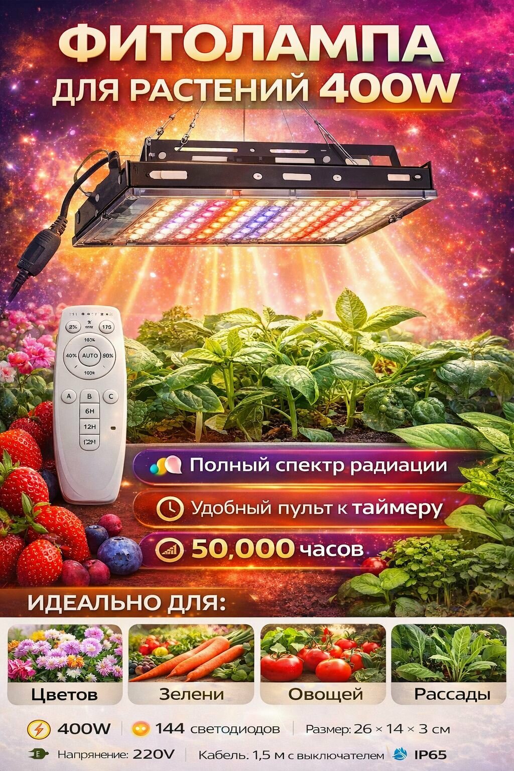 Фитолампа для растений 400W с пультом и таймером подвесная