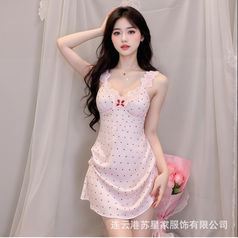 Сексуальная летняя ночная сорочка-комбинация из тонкого шелкового материала с V-образным вырезом, кружевной отделкой и встроенными чашечками для груди, чистое и притягательное домашнее платье.