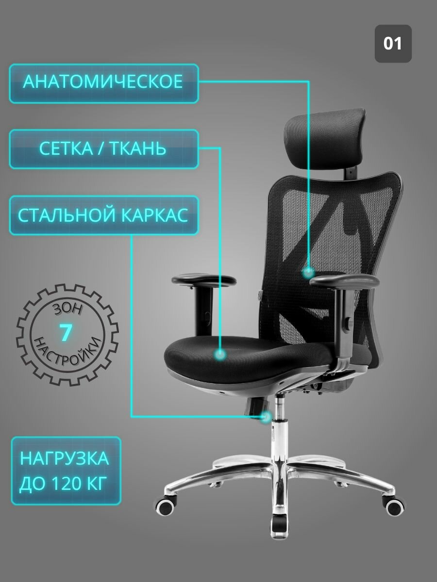 Кресло компьютерное офисное SIHOO M18 - черное ортопедическое для руководителя, игровое, на колесиках, эргономичное анатомическое, арт. M18-025-BK