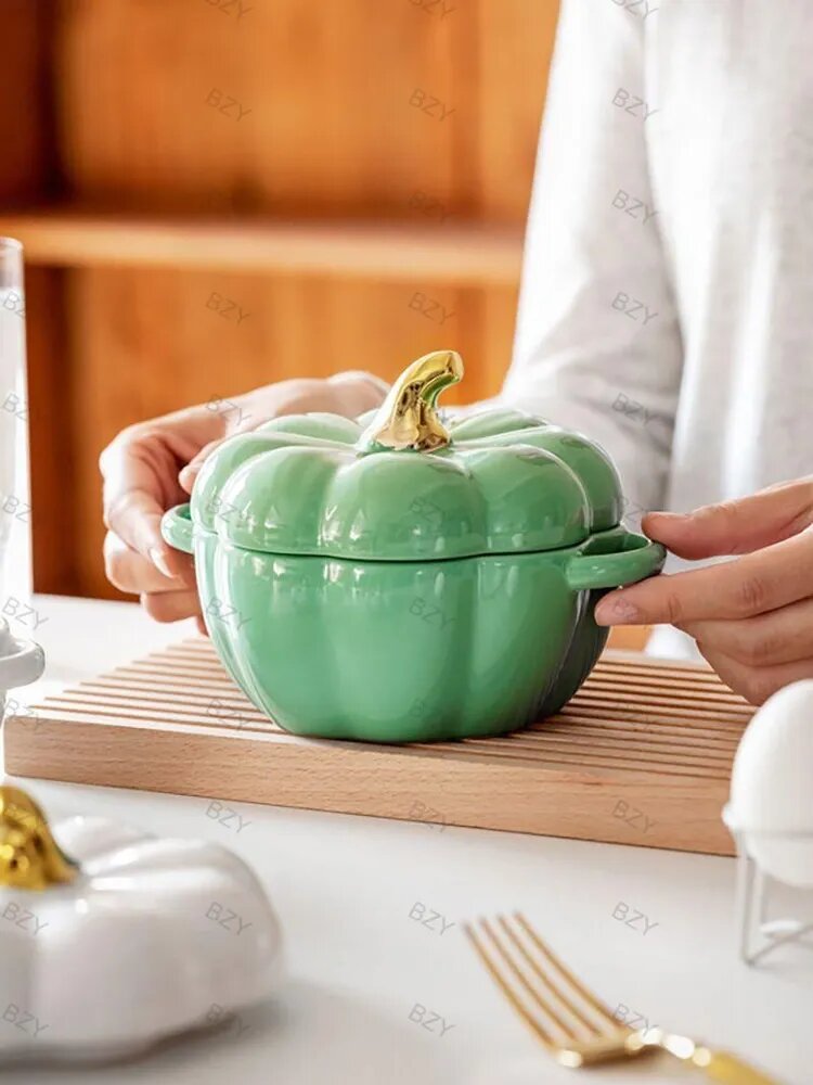 Керамическая кастрюля в форме тыквы, зеленого цвета, с крышкой для приготовления пищи