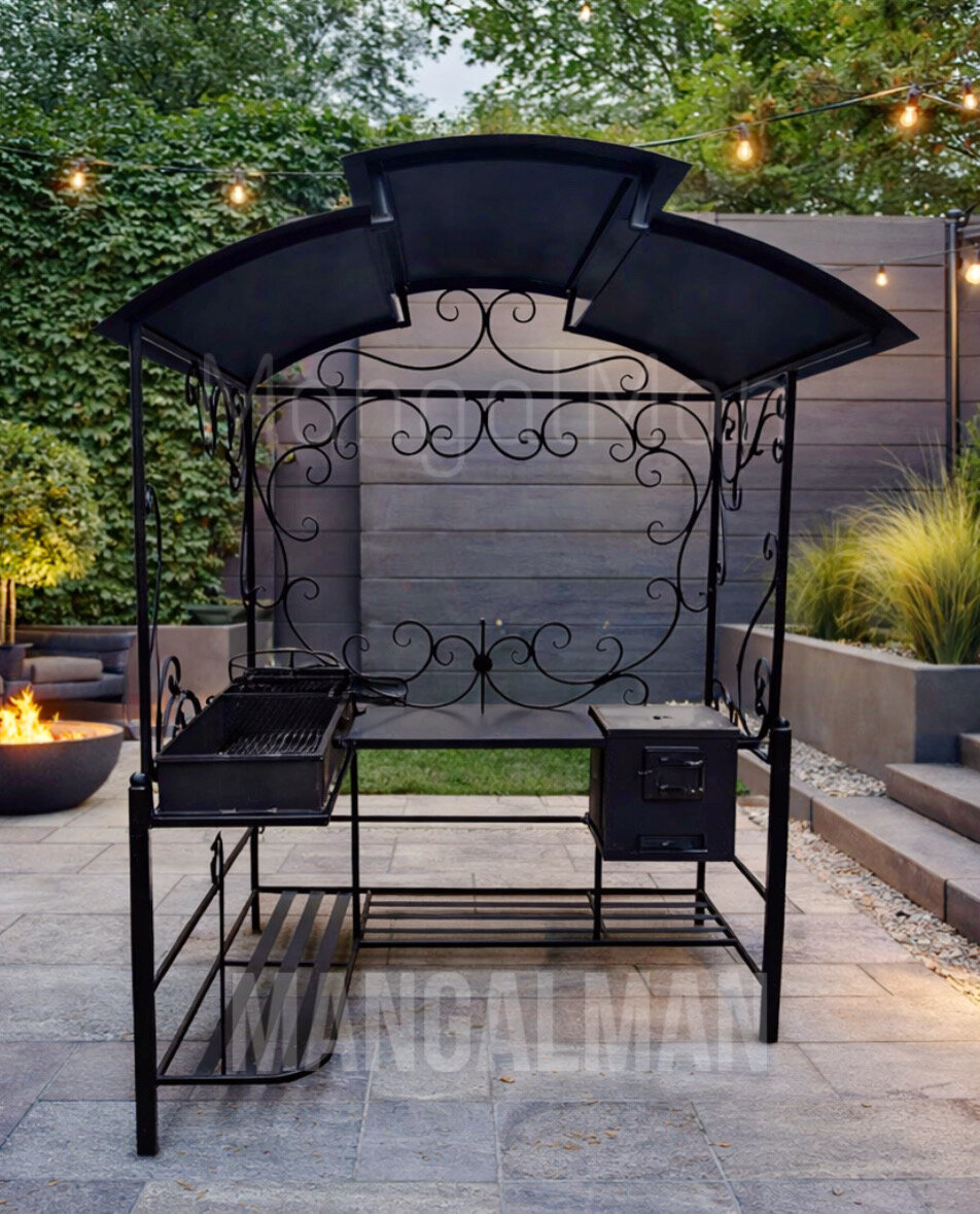 Мангал "Угловой №1", стационарный, сталь, с крышей, столиком, дровницей и полками, 164х118х220 см