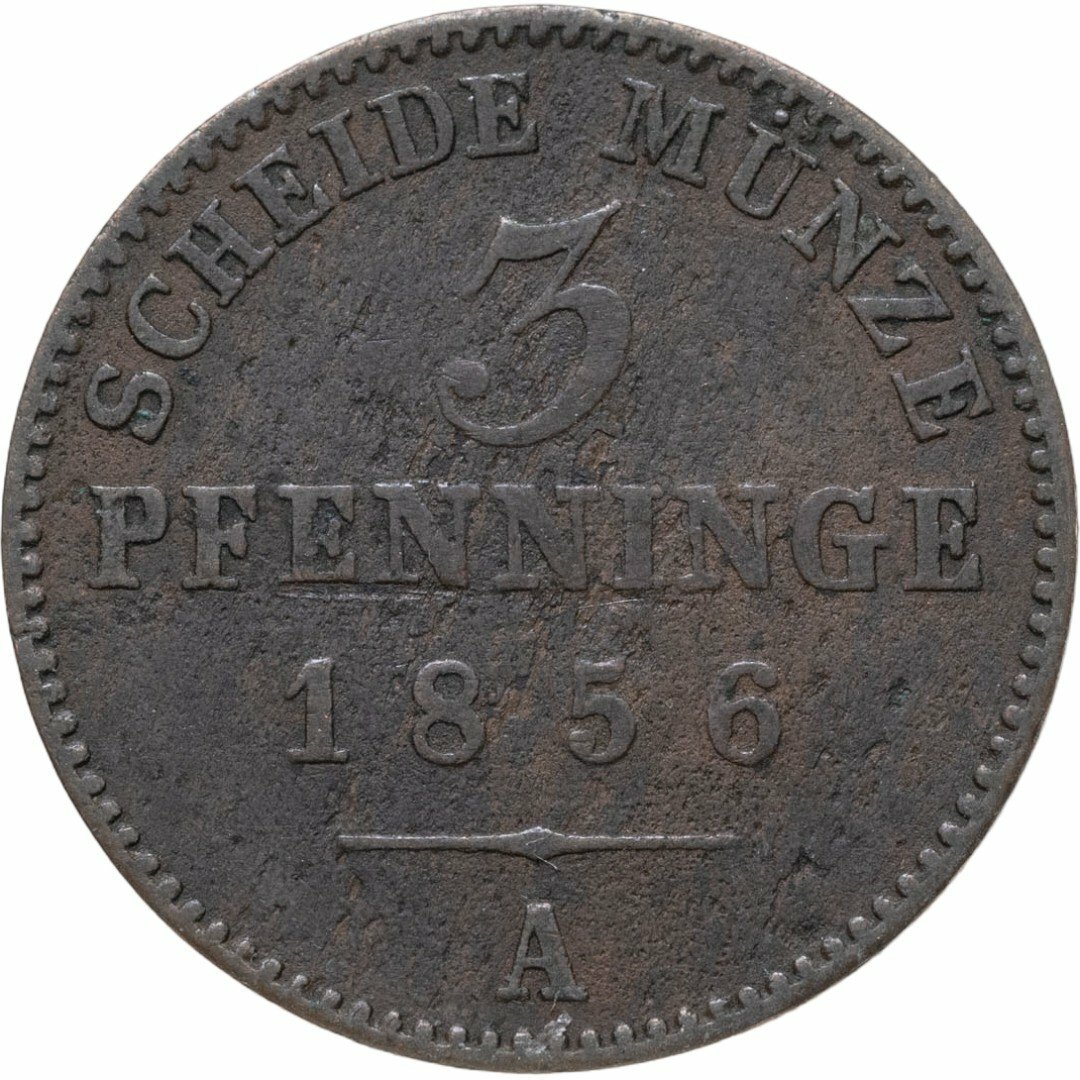 Германия, Пруссия 3 пфеннинга 1856 А, Медь, в сохранности F-VF