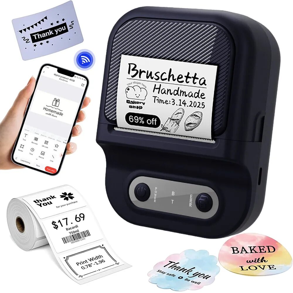 Принтер для наклеек/этикеток термо P2, черный, для дома и работы, с Bluetooth